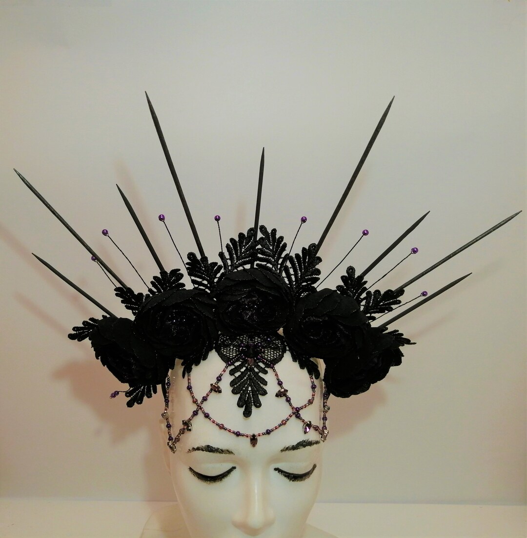 Black Purple Flower Beaded Crown,evil Queen,witch Lace Spiked Crown ...