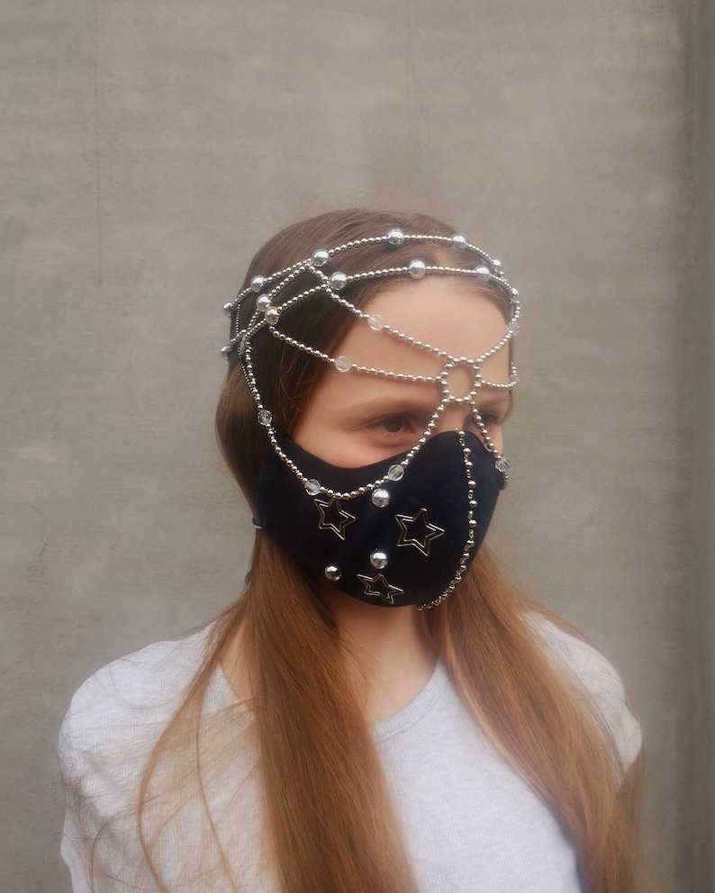 Silver Facial chain with Black beaded reusable cotton face | Etsy