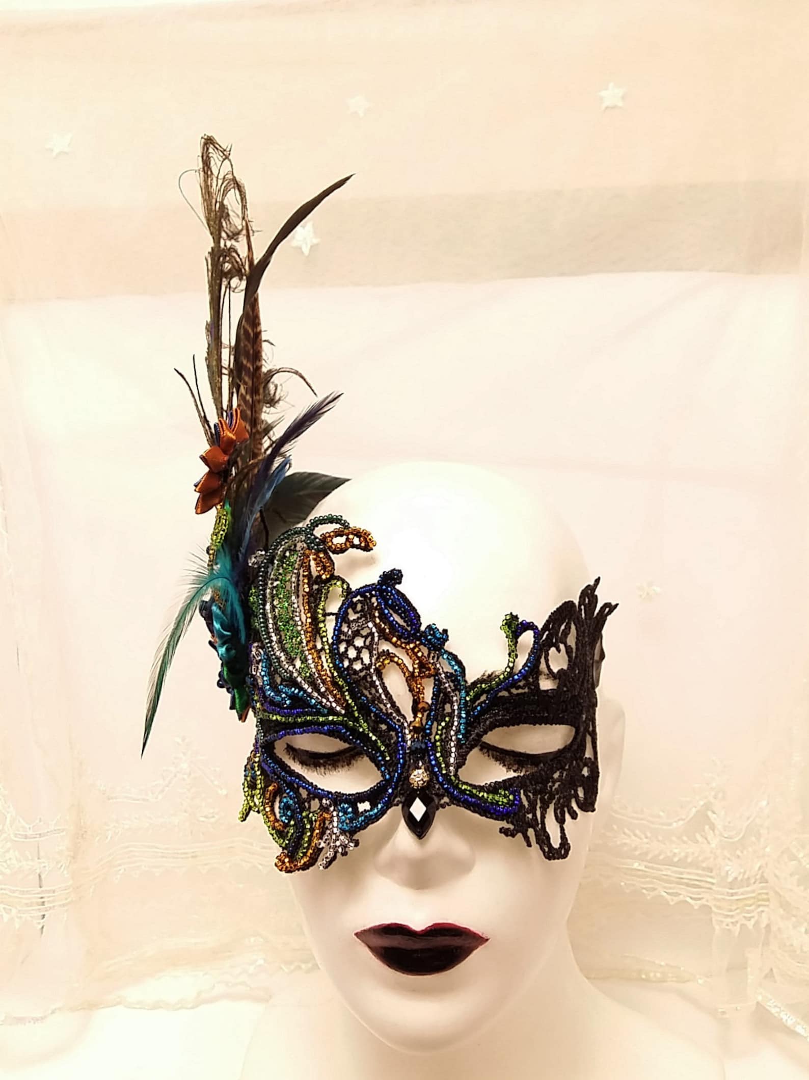 Black Lace Masquerade Mask with feathers and flowersBeaded | Etsy