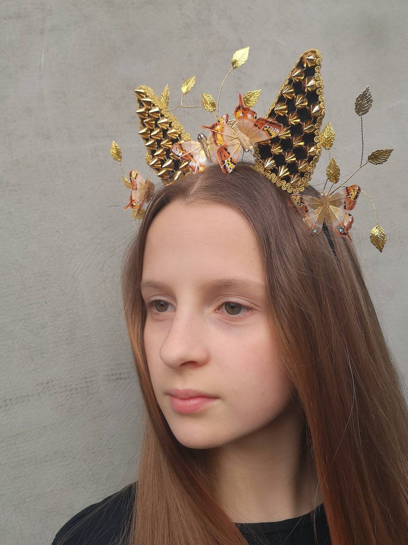 Gold spiked earsbutterflyleaf headband Gold horns headband | Etsy