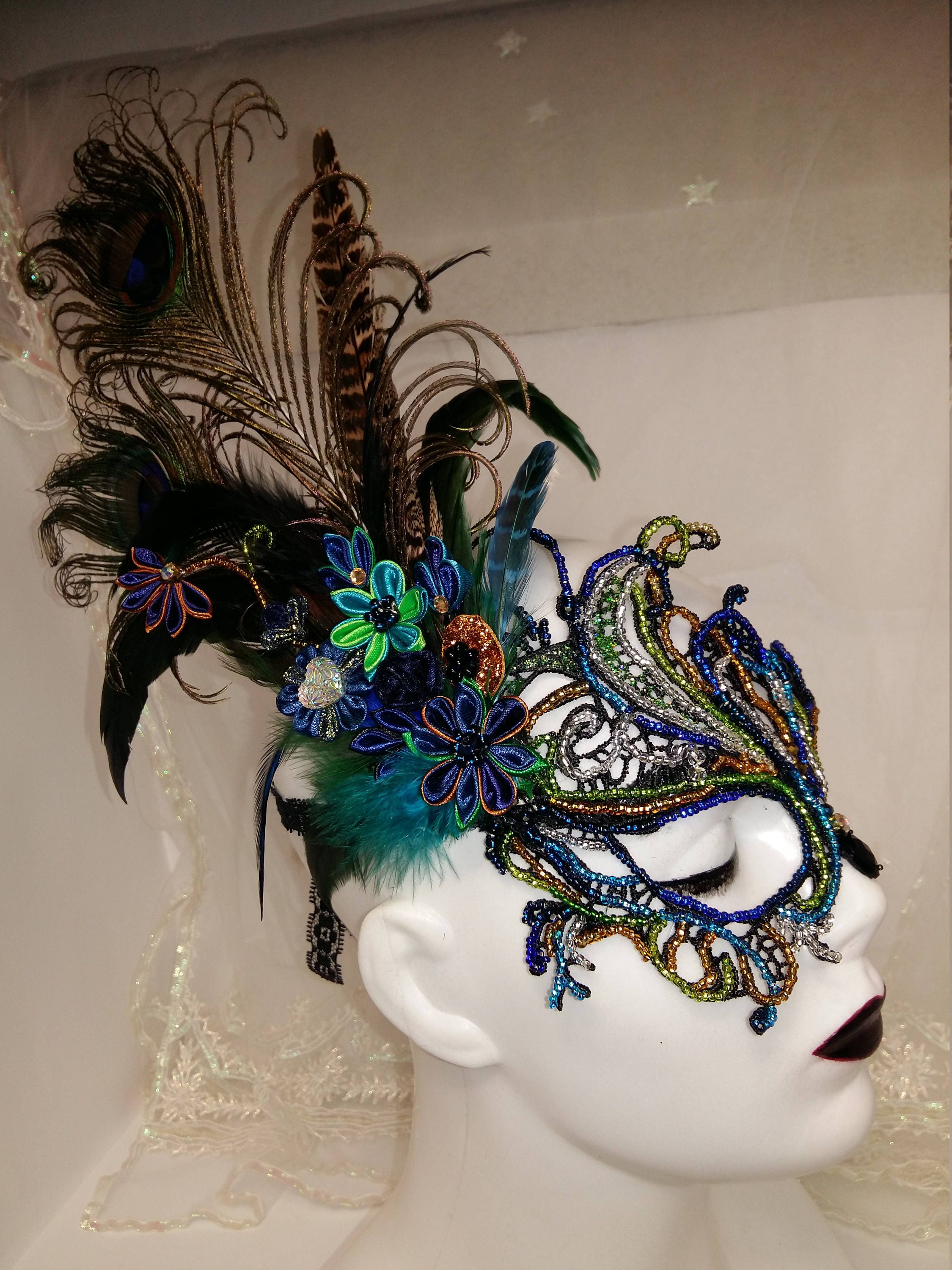 Black Lace Masquerade Mask with feathers and flowersBeaded | Etsy