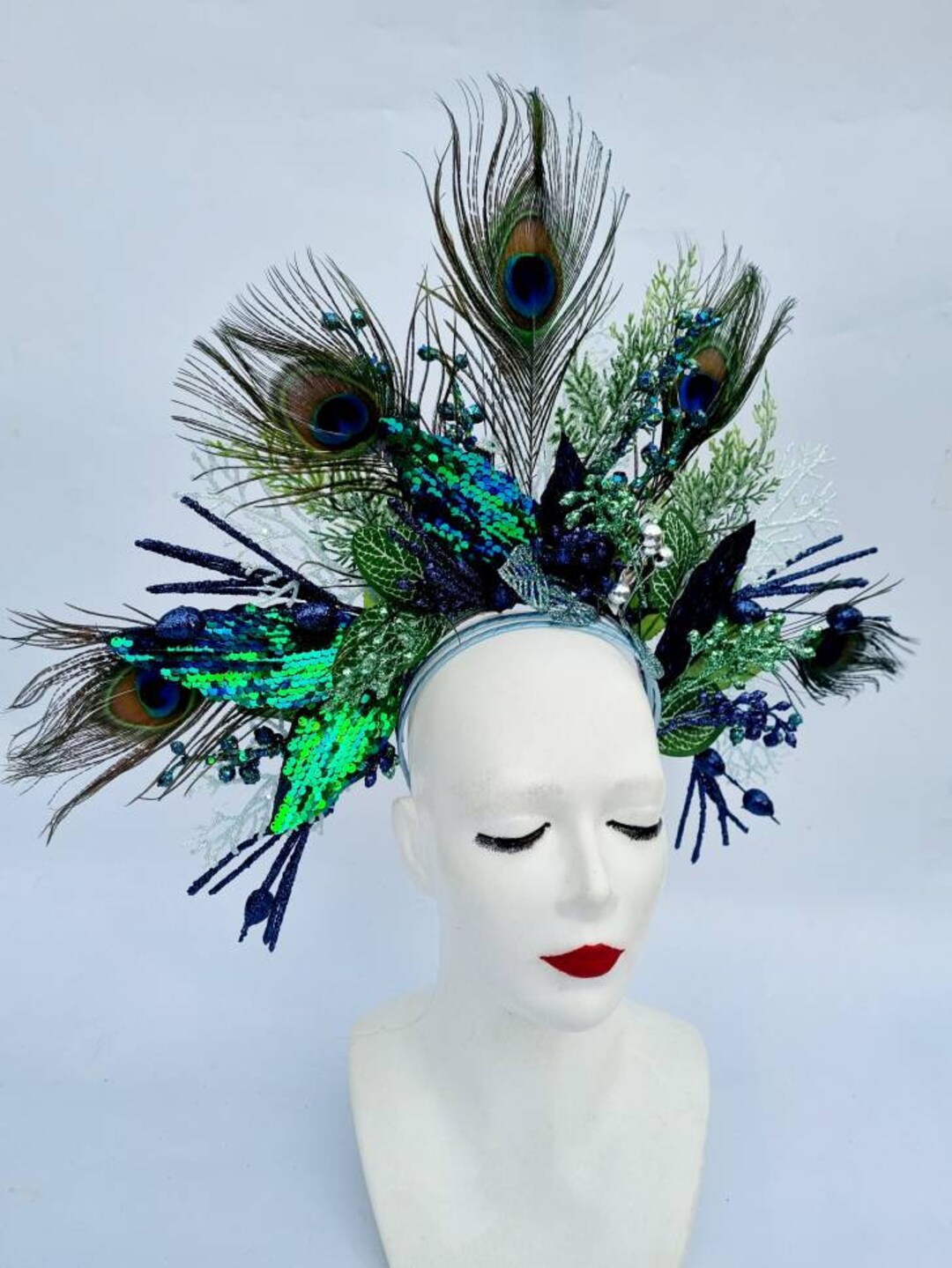 Peacock Feather Fascinatorcarnival Feathered Headpiecebluegreenpurplesilver Leaves Crown Etsy