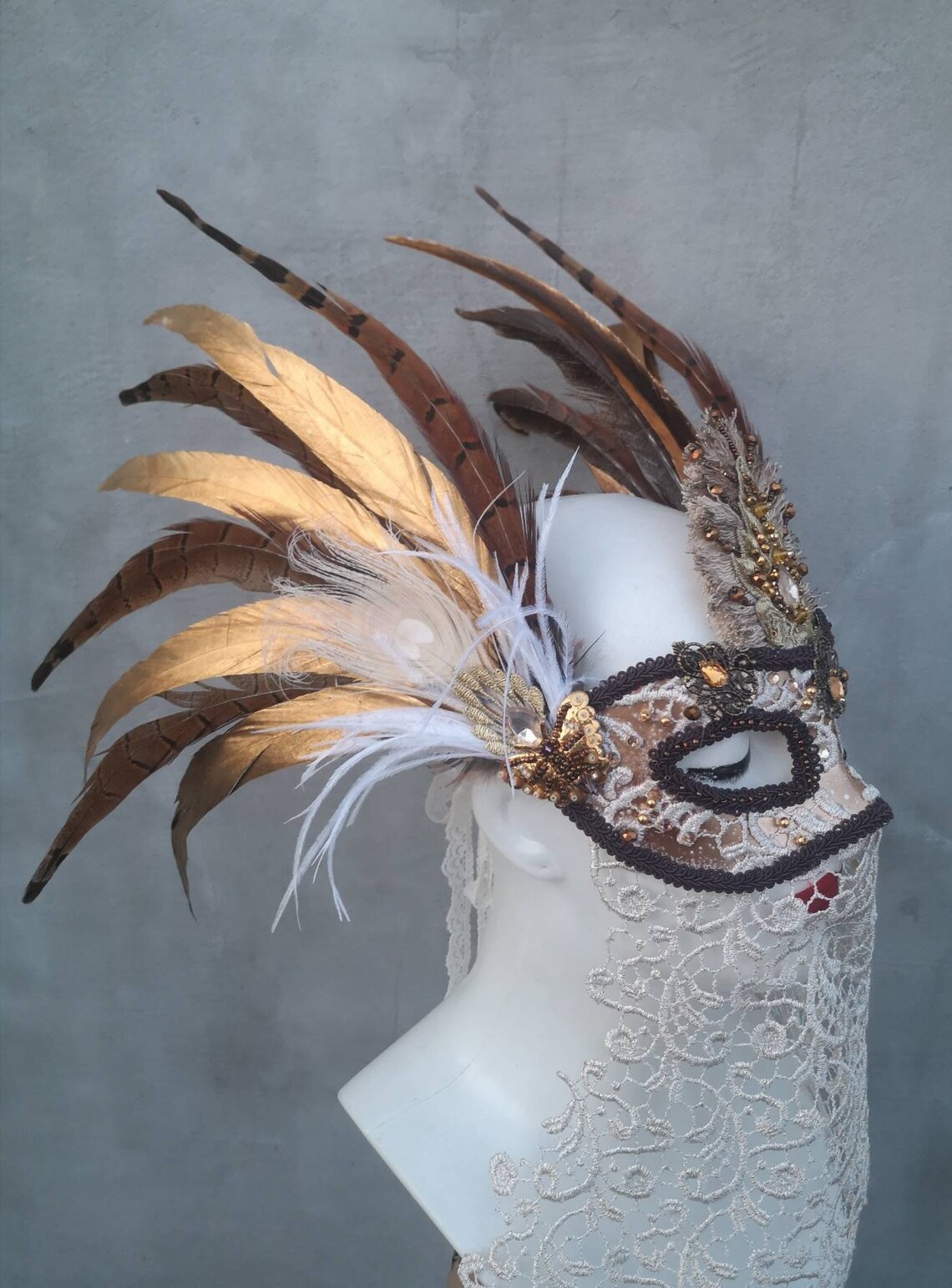 GoldBrown Feathered Lace Valkyrie HeaddressGold Ivory | Etsy