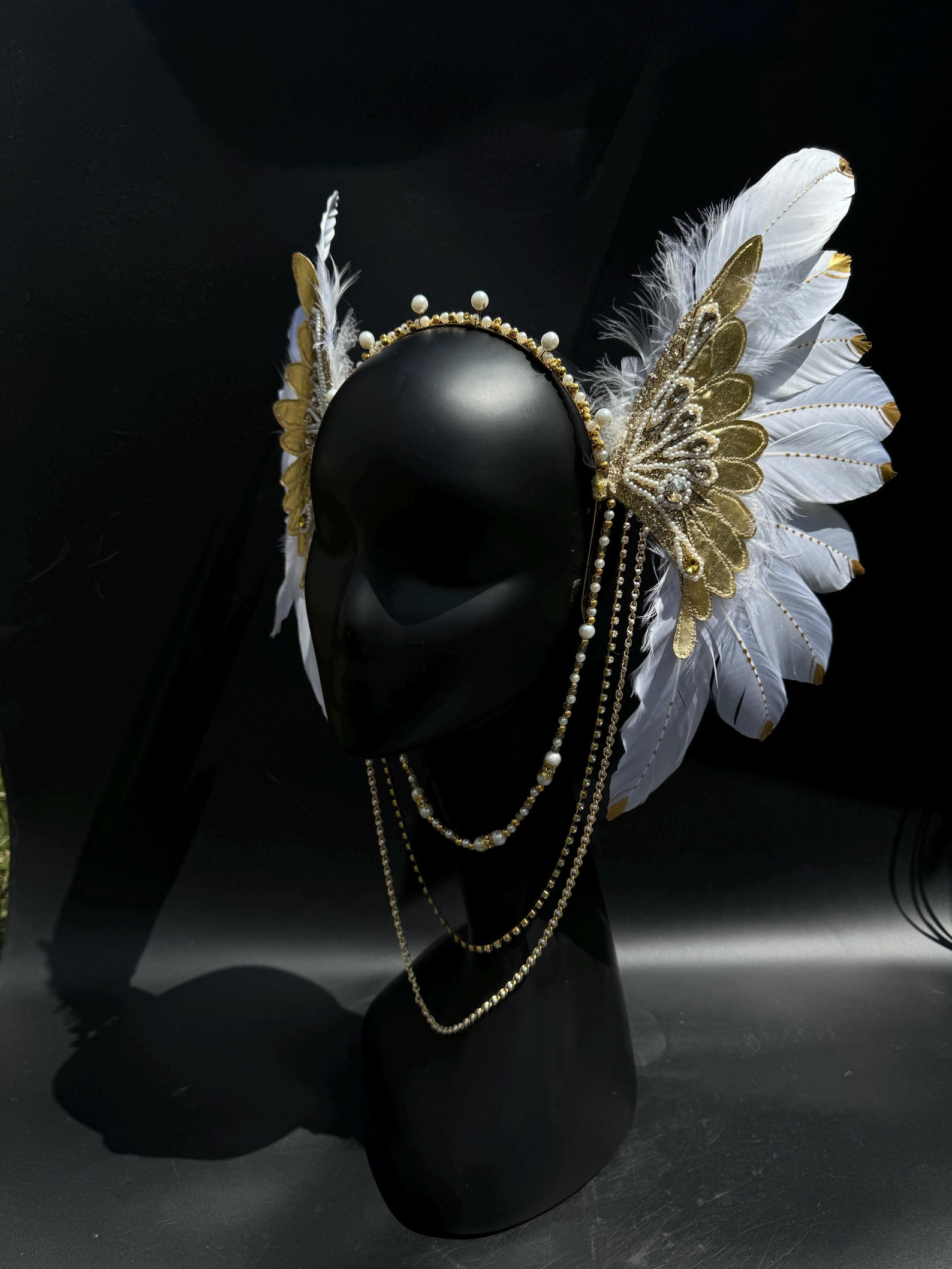 Feathered Angel Wing Headdress, Rhinestone Chain, Masquerade Headpiece ...