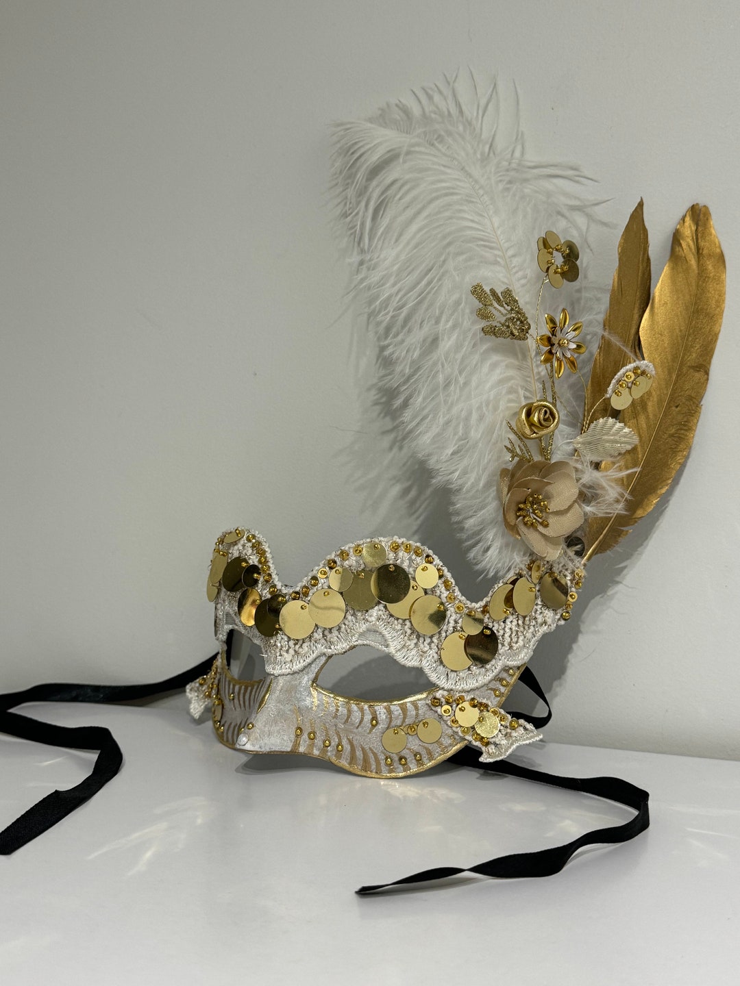 Gold,white Feathered Beaded Masquerade Ball Mask With Large Gold ...