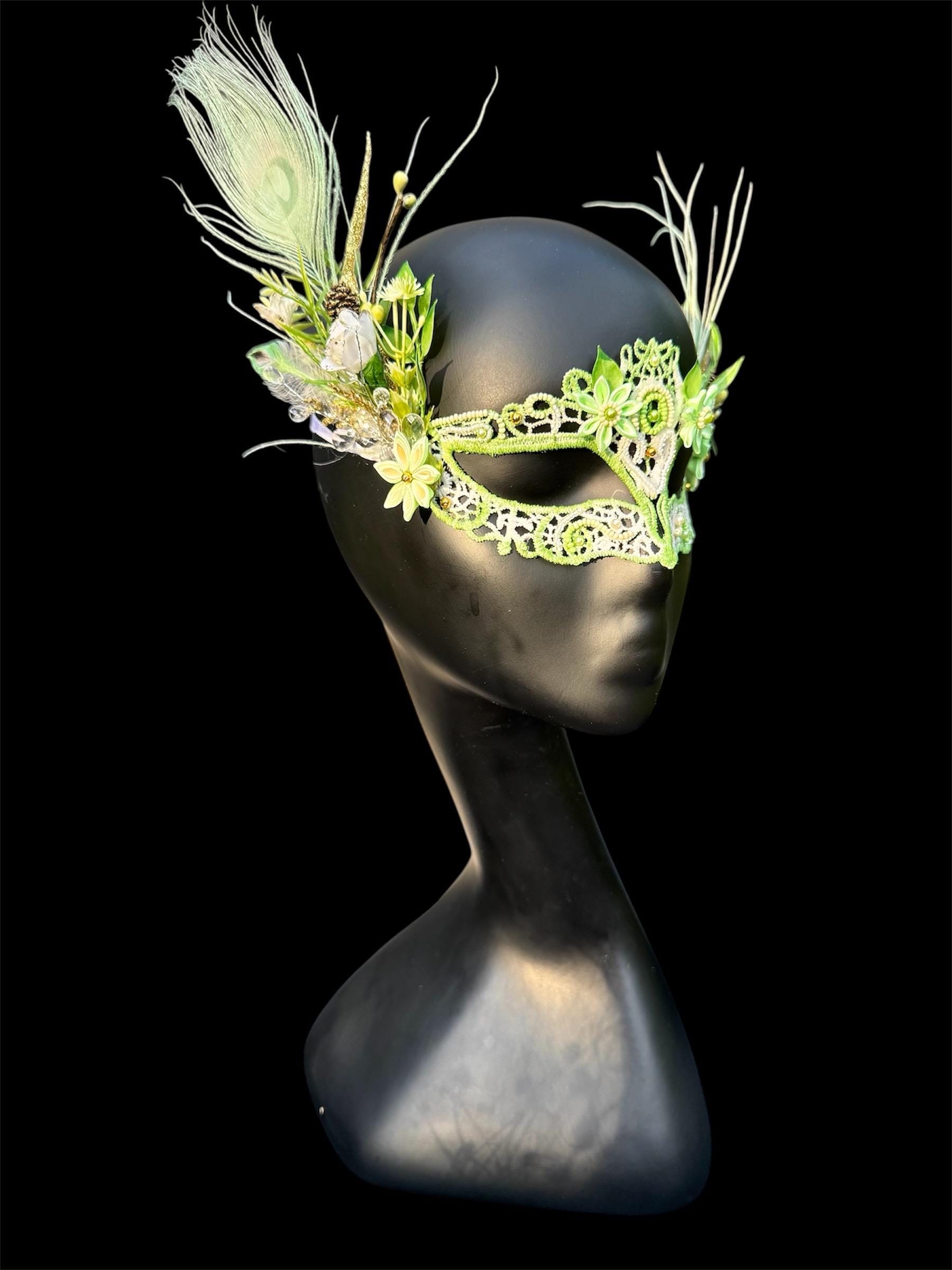Green Lace Masquerade Mask, Beaded Fairy Mask With Feathers - Etsy
