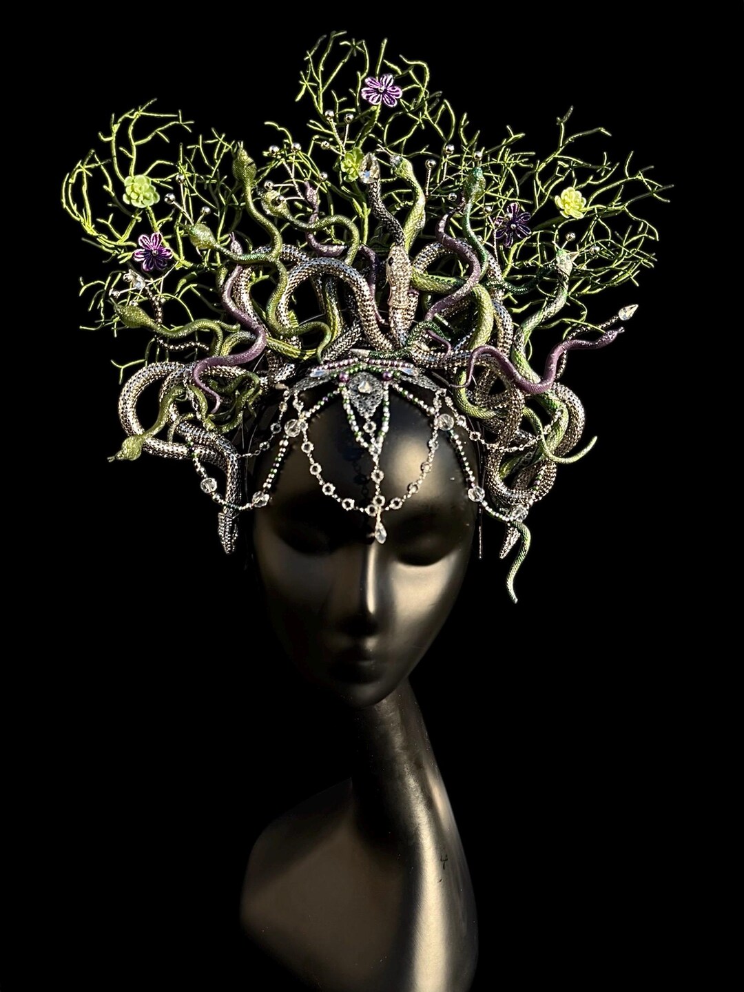 Silver, Green Medusa Snake Rhinestone Twig Headdress,fantasy Headdress ...