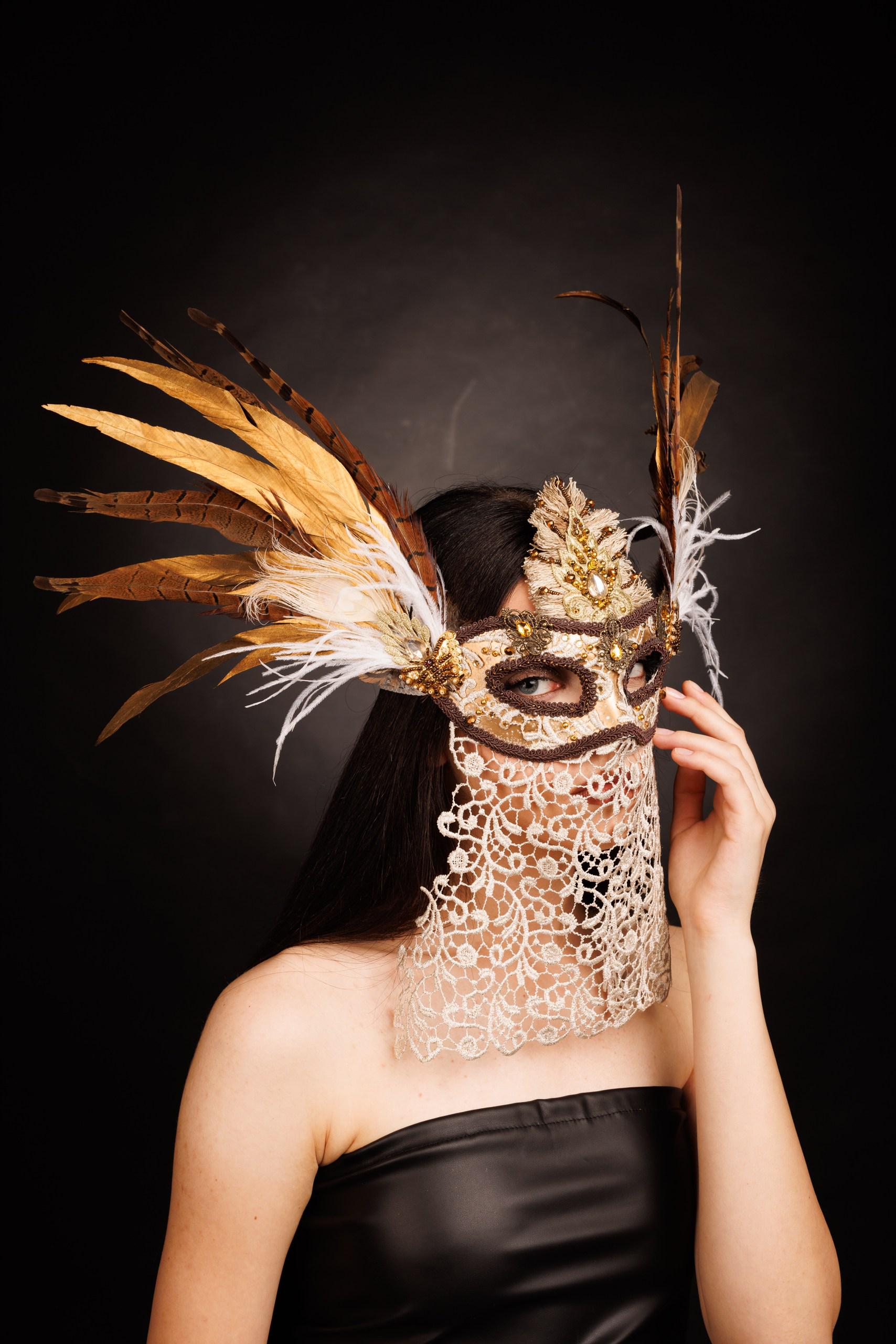 Handmade Feathered Lace Masquerade Mask, Beaded Carnival Headdress - Etsy