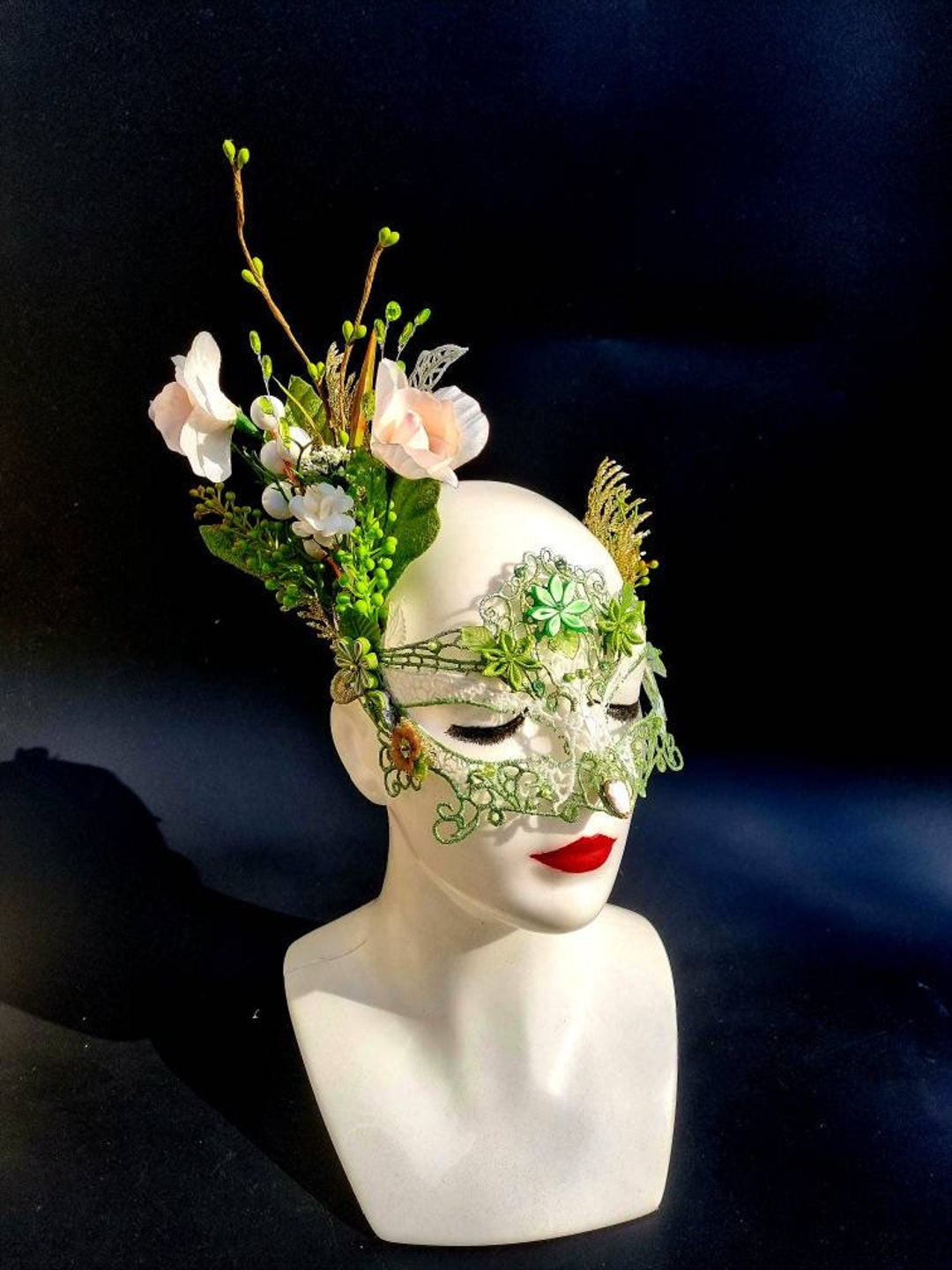 Green Fairy Beaded Lace Masquerade Mask,feather,flower,butterfly ...