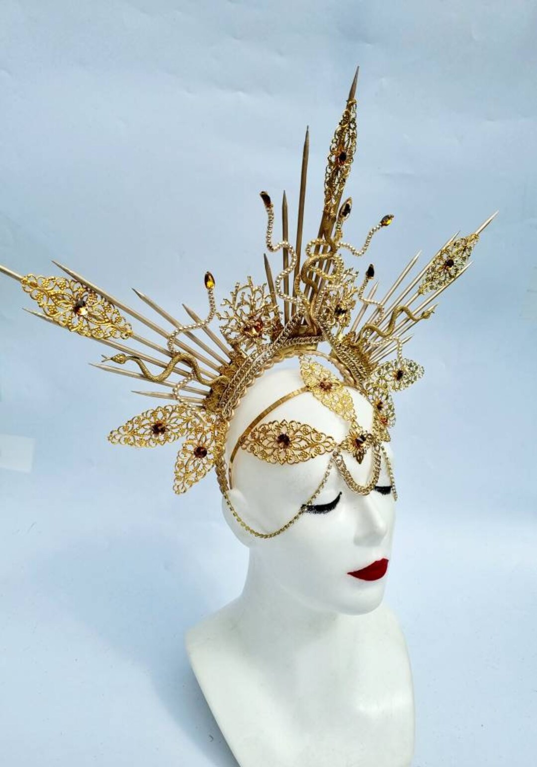 Gold Rhinestone Gothic Spiked Crown With Snakes Gold Chain - Etsy