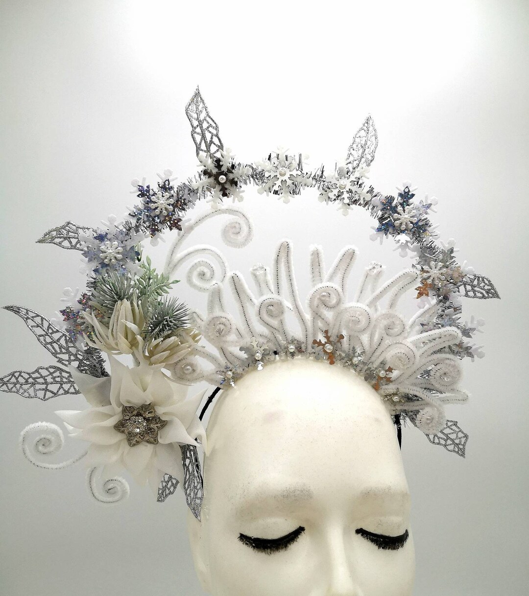White Silver Snowflake Headpiece,snow Queen Headpiece,floral Snowflake ...