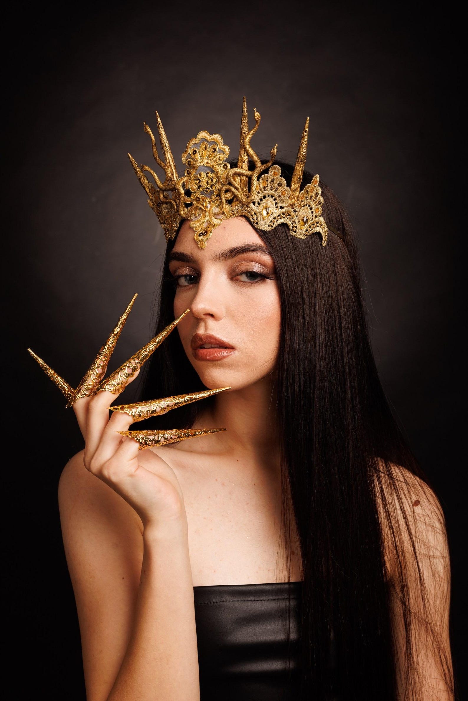 Gold Beaded Lace Snake Crown, Gold Spiked Queen Crown With Snake,gorgon ...