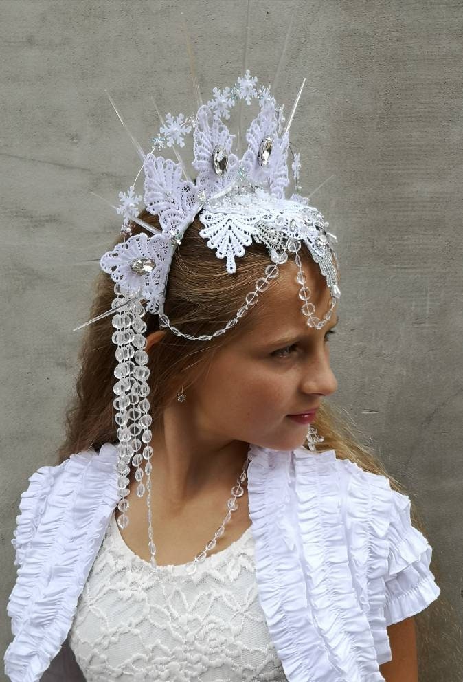 White Lace Snowflake Spike Icicle Crownbeaded Snow Queenice - Etsy