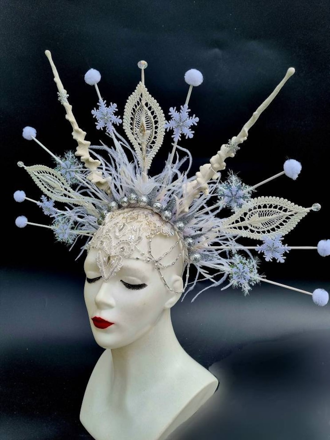Snow Queen Inspired Headdress Ivory & Gold Ice Crown, Fairy Horn Spike ...