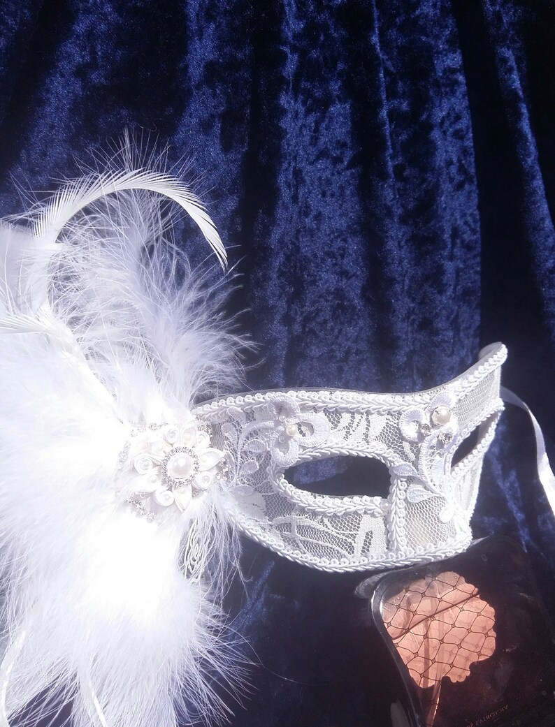 Ivory White Beaded Lace Masquerade Mask With Featherswinter - Etsy