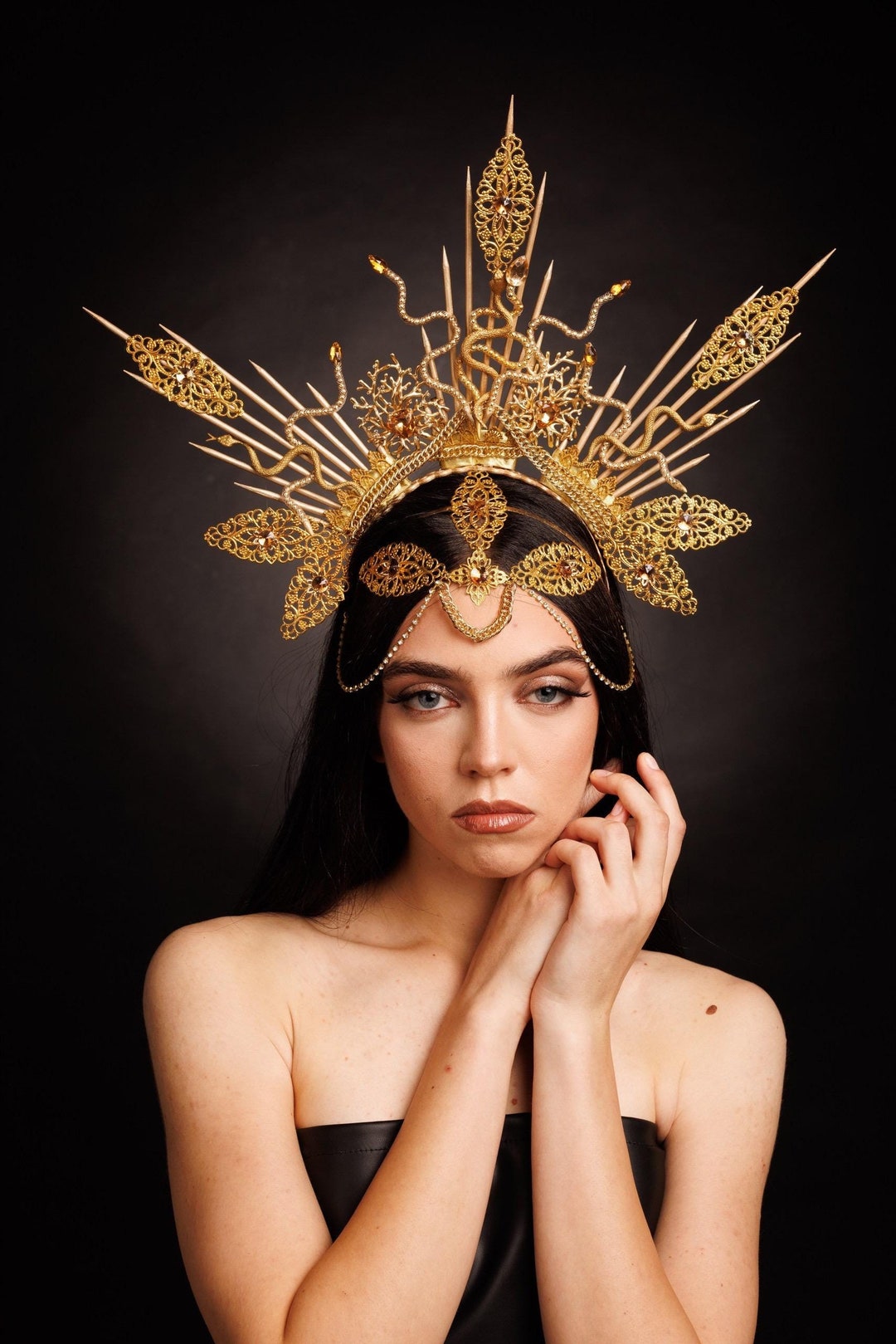 Gold Rhinestone Gothic Spiked Crown With Snakes, Gold Chain Fairy ...