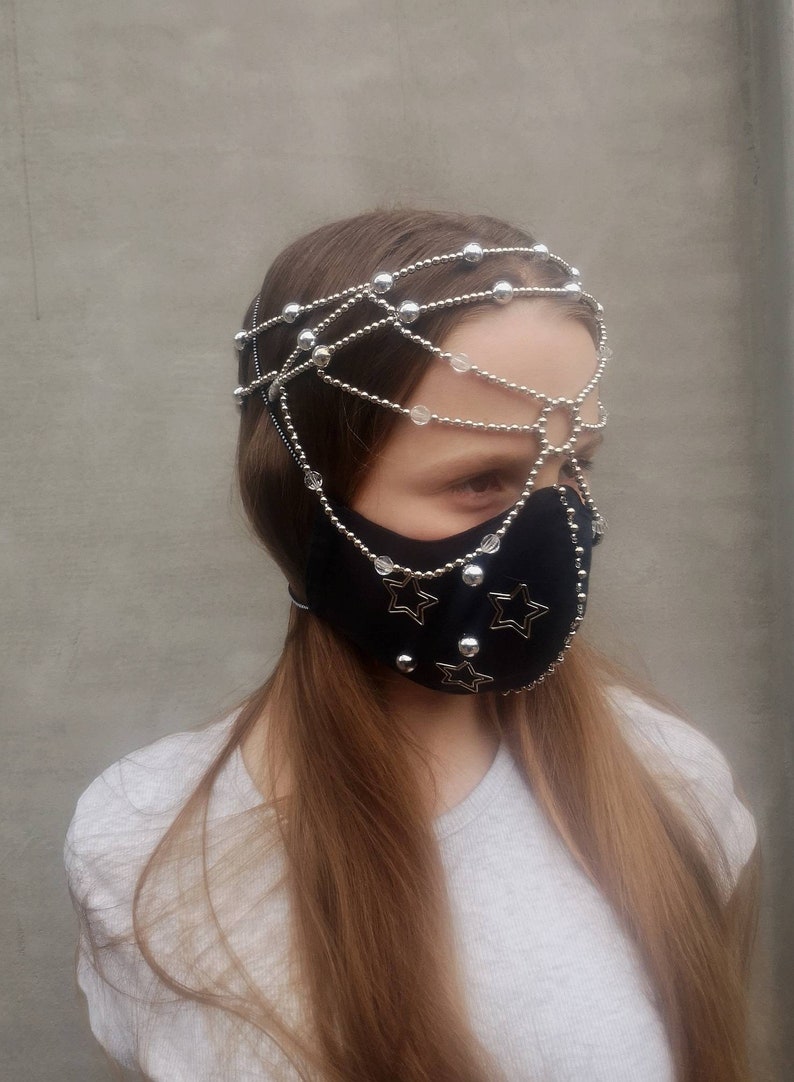 Silver Facial chain with Black beaded reusable cotton face | Etsy