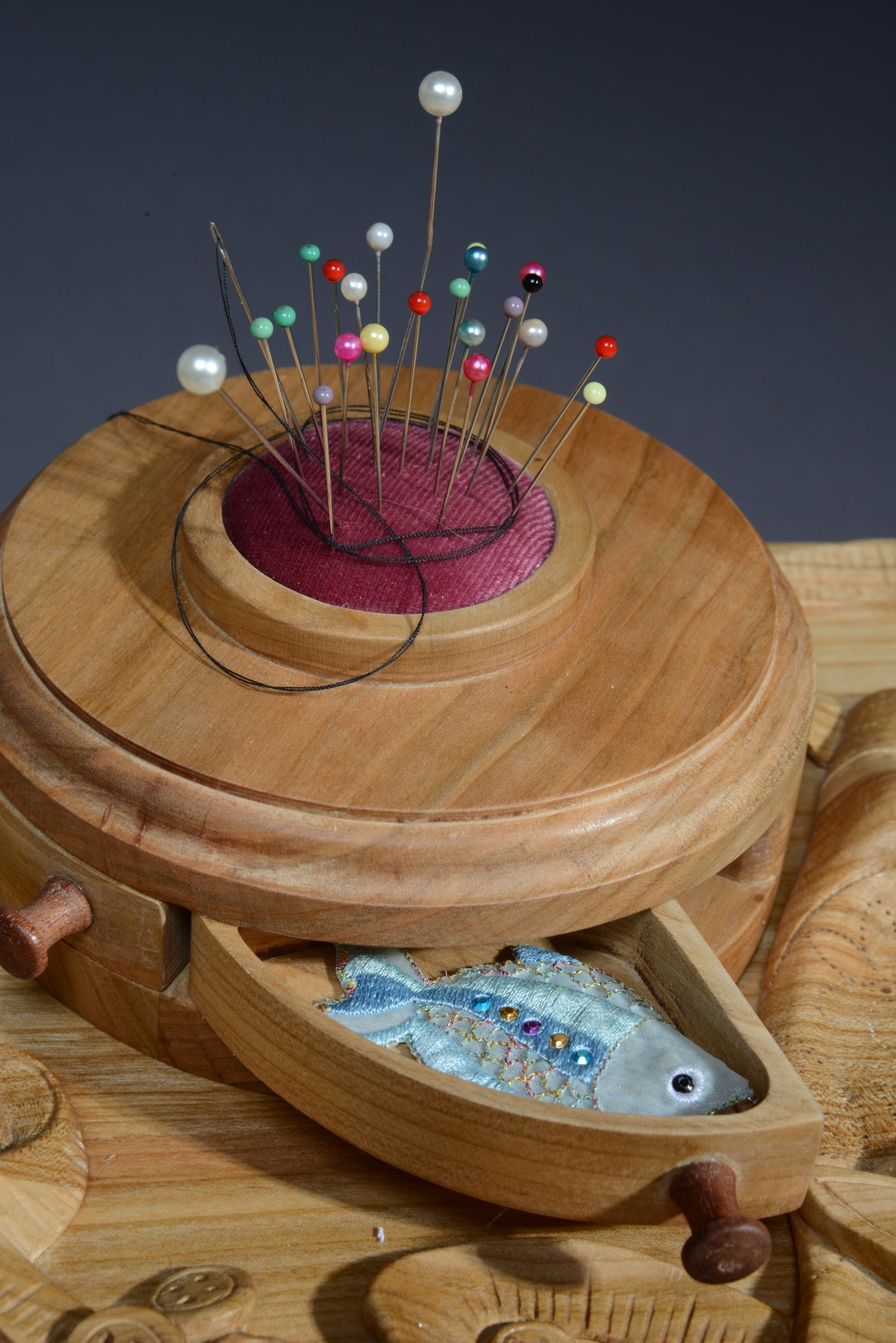 Hand Carved Wooden Sewing Box - Thimble, Scissors, Buttons, Embroidery ...