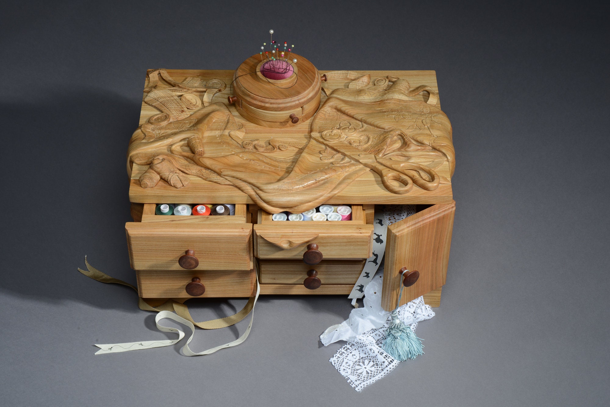 Hand Carved Wooden Sewing Box - Thimble, Scissors, Buttons, Embroidery ...