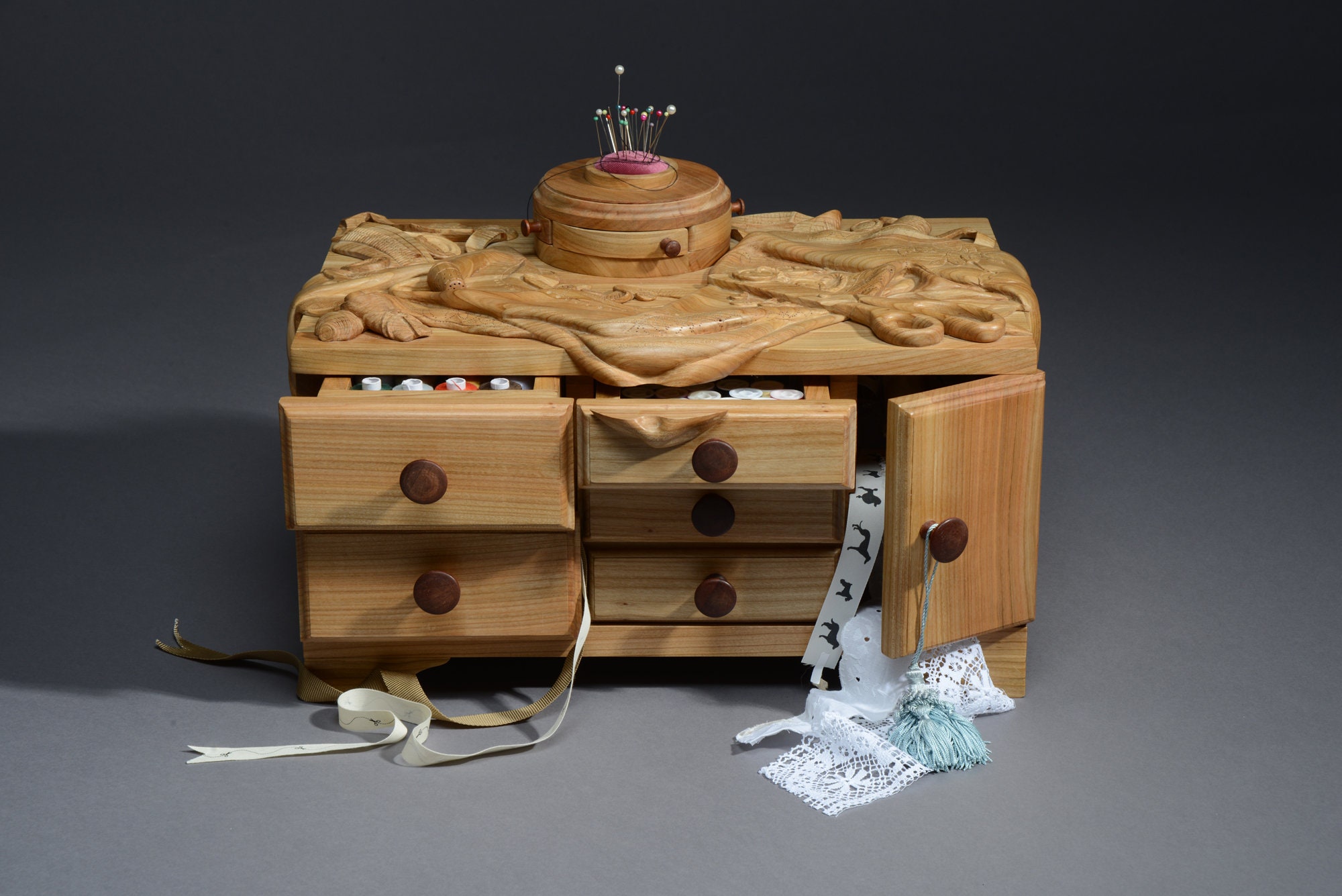 Hand Carved Wooden Sewing Box - Thimble, Scissors, Buttons, Embroidery ...