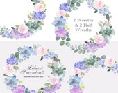 Watercolor Clip Art Floral Wreath Pink and Lilac Roses With - Etsy