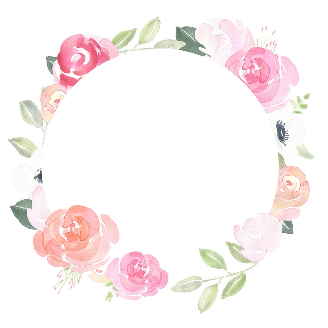 Watercolor Flower Frame Clipart Pink Roses and White Anemones | Etsy UK