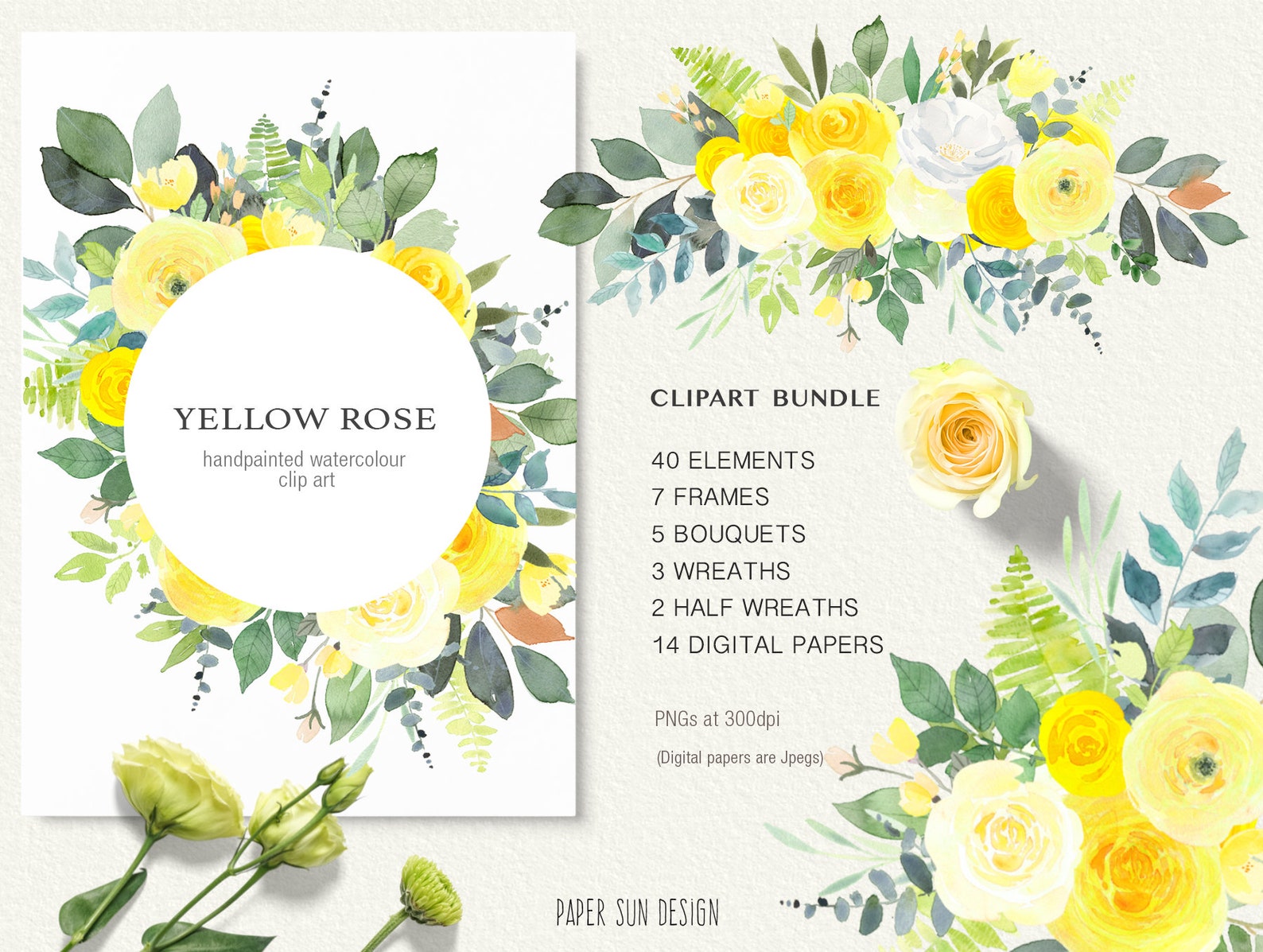 Yellow Rose Large Watercolor Clip Art Set, Watercolor Clipart Bundle ...