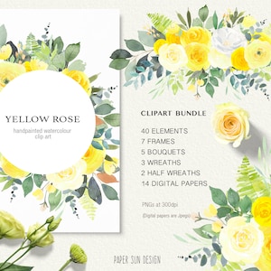 Yellow Rose Large Watercolor Clip Art Set, Watercolor Clipart Bundle ...