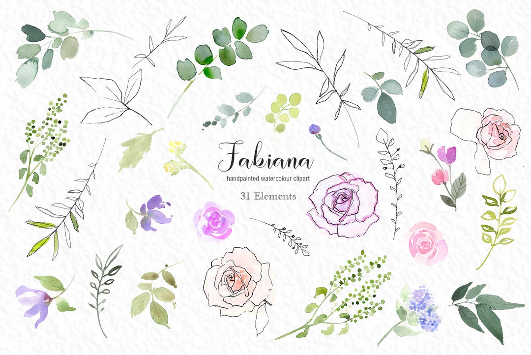 Floral Elements Clipart - Watercolor Flower Clipart, Pink Rose Clip Art ...