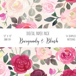 Burgundy and Blush Floral Digital Paper - Watercolor Flower ...