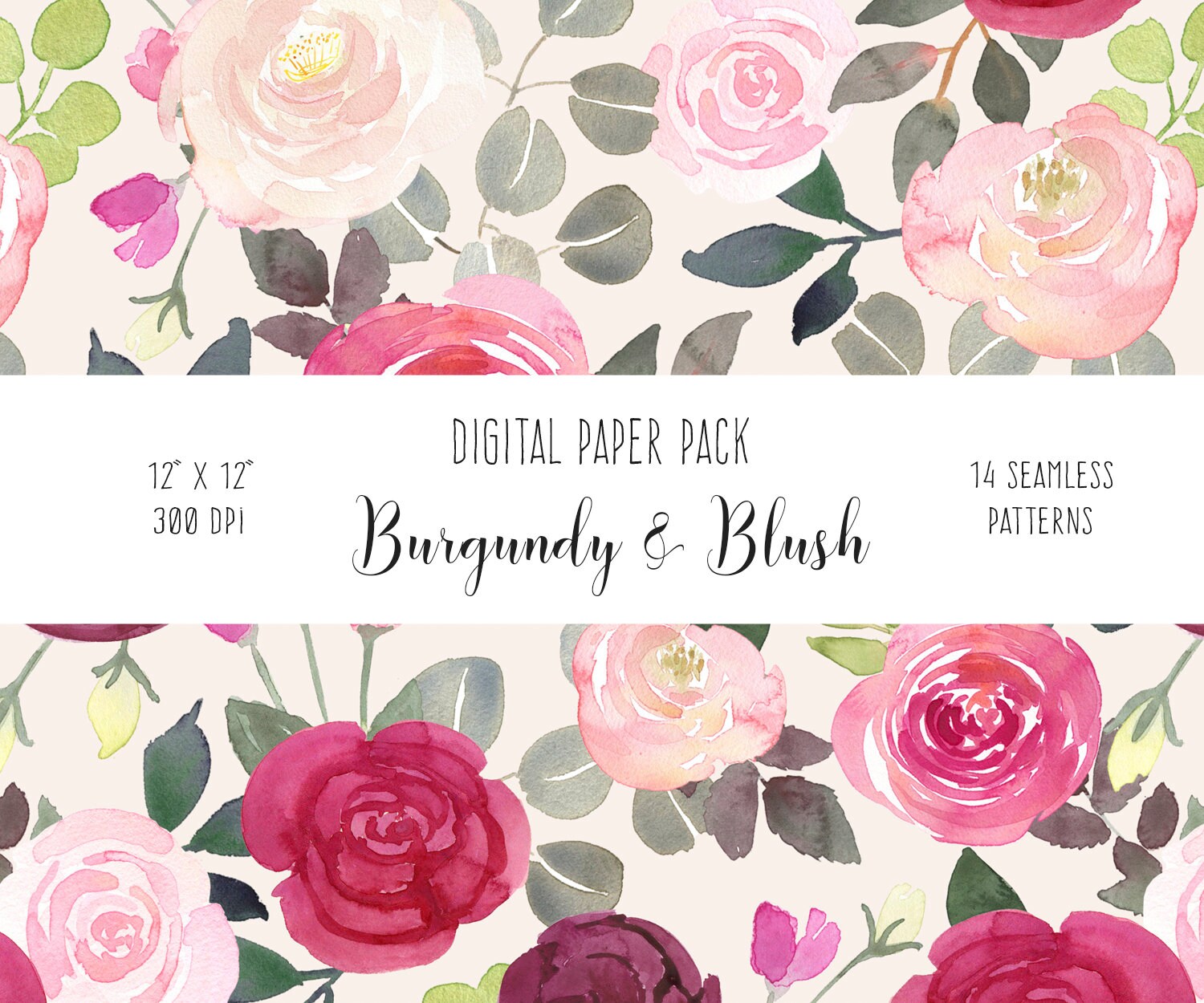 Burgundy and Blush Floral Digital Paper - Watercolor Flower ...