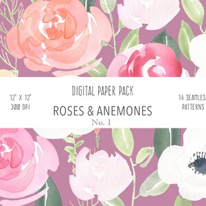 Watercolour Floral Digital Paper - Pink Roses and White Anemones ...