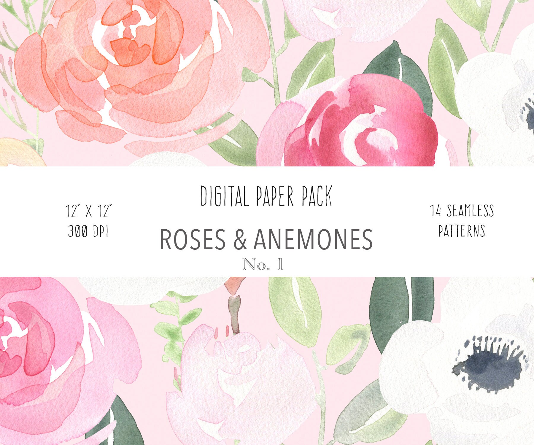 Watercolour Floral Digital Paper Pink Roses and White - Etsy UK