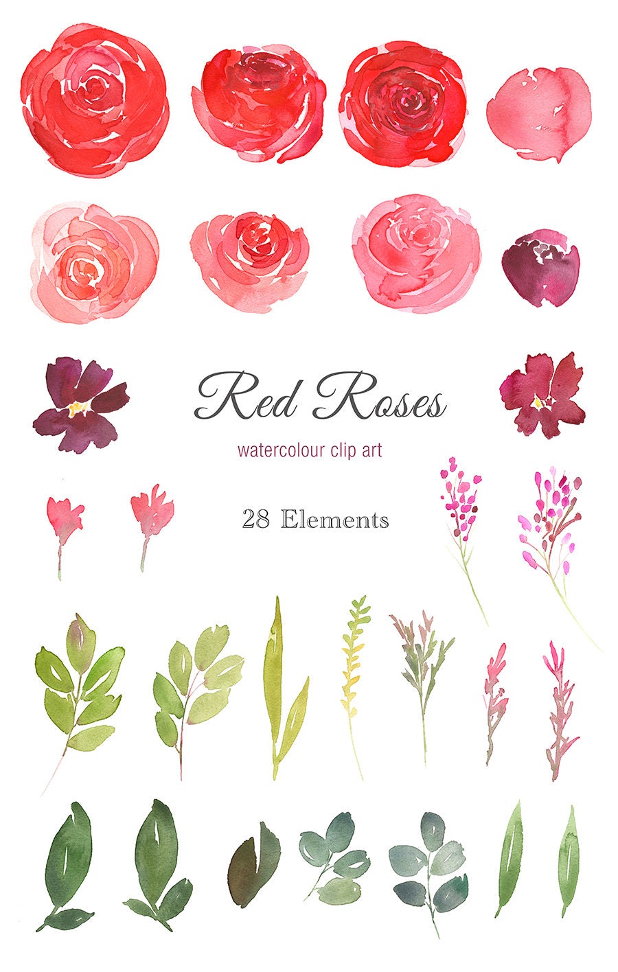 Watercolor Floral Cliparts Hand Painted Red Roses Flower - Etsy