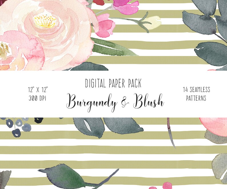 Burgundy and Blush Floral Digital Paper Watercolor Flower | Etsy UK