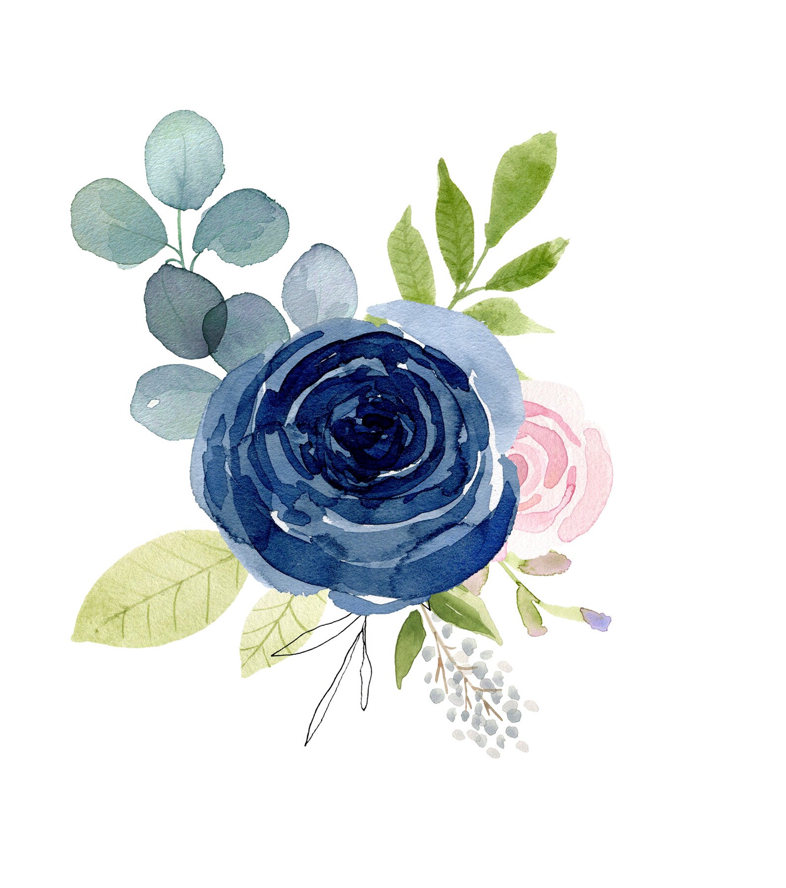 Flower Watercolor Clipart Navy and Blush Clipart Handpainted | Etsy