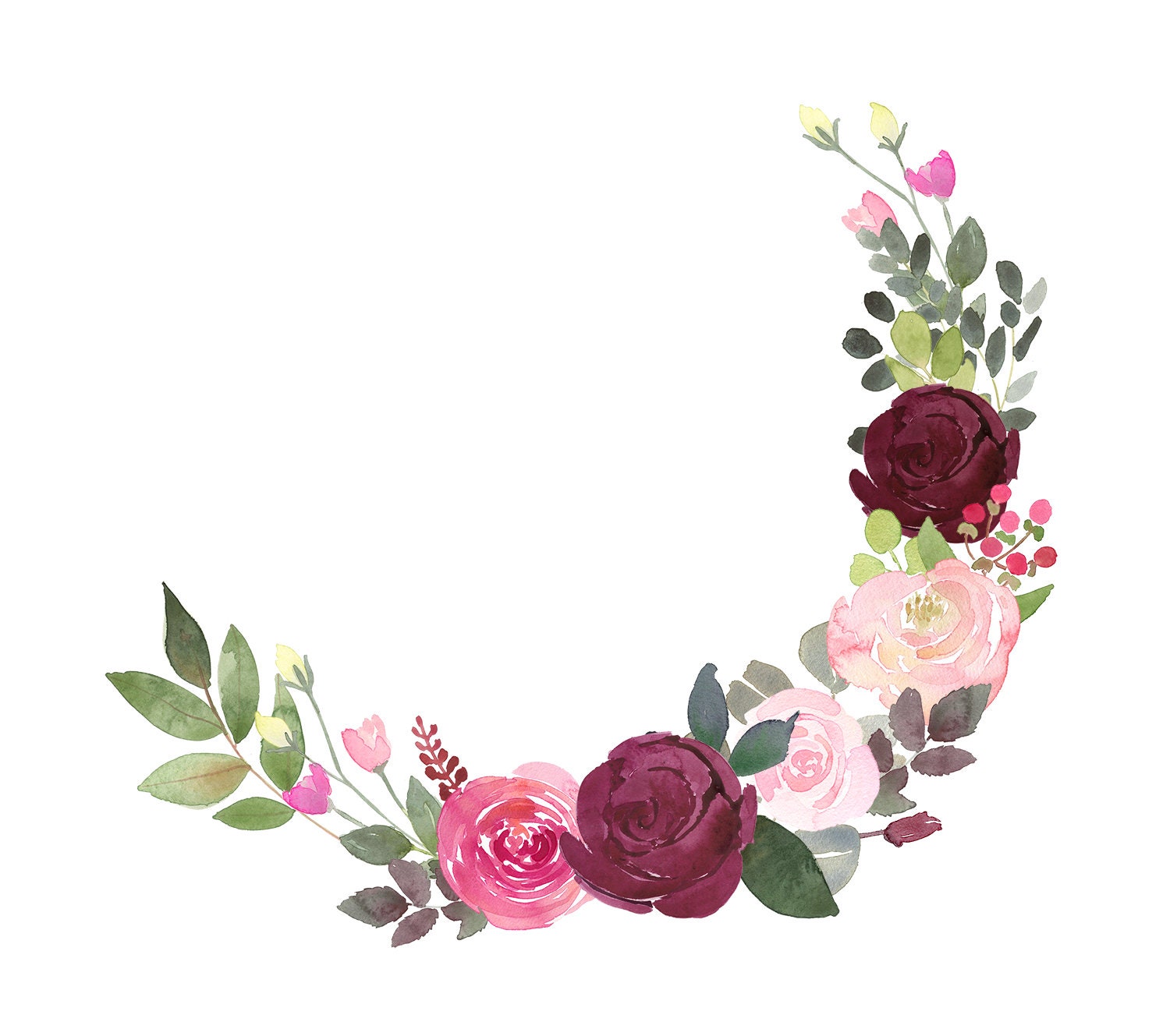 Watercolor Floral Clipart Wreath Burgundy and Blush Rose | Etsy