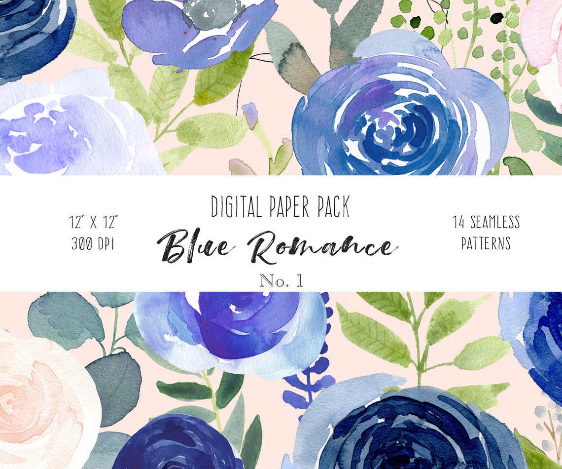 Floral Paper Digital Download Watercolour navy and blush | Etsy