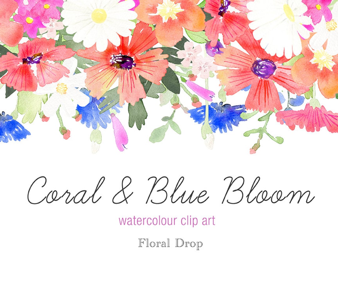 Watercolor Painted Floral Clipart - Coral and Blue Floral Drop, Daisy ...