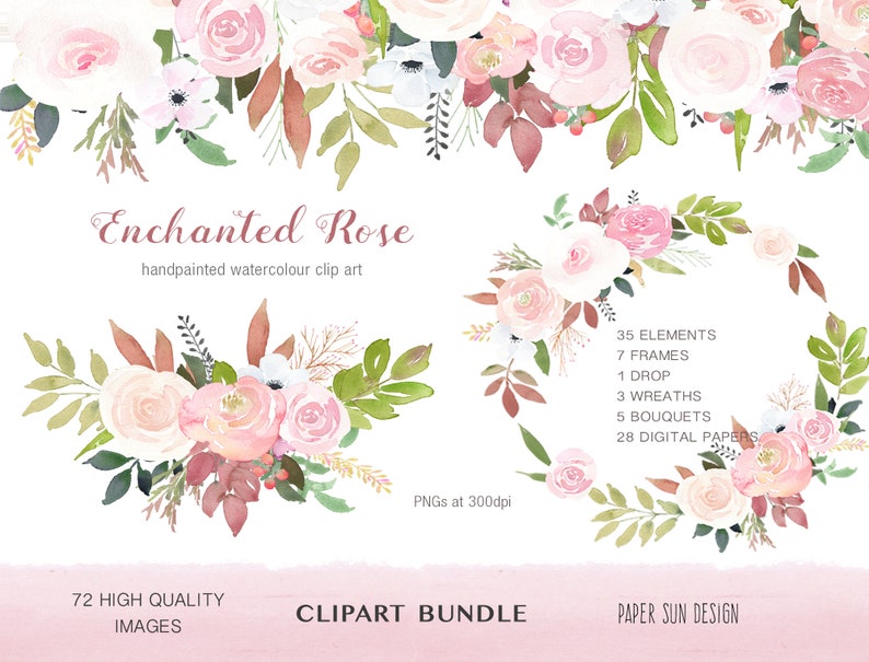 Blush Rose Watercolor Clipart Pack - Watercolor Roses Clipart Pack ...