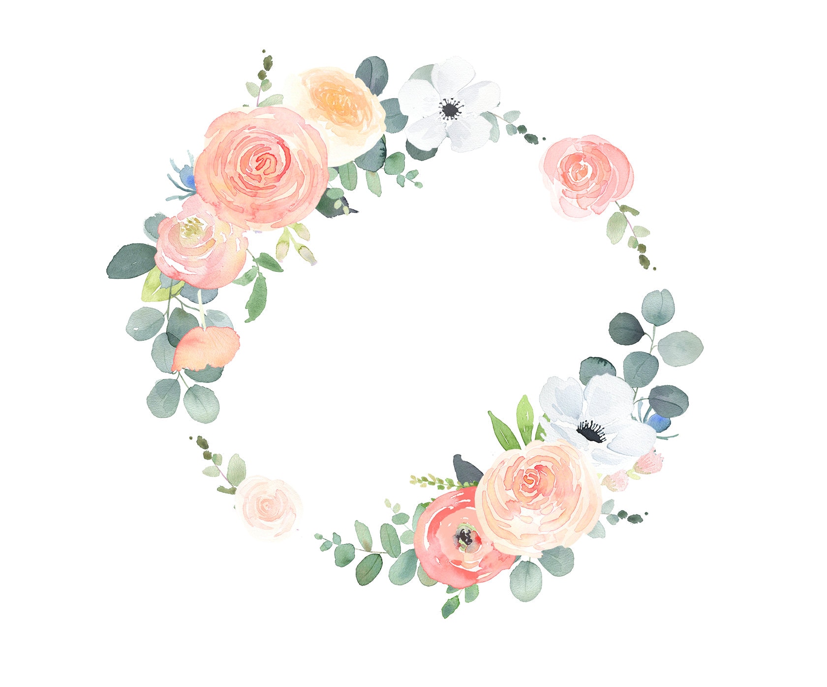 Peach and Eucalyptus Floral Wreaths - Flower Clipart Wreaths, Bridal ...