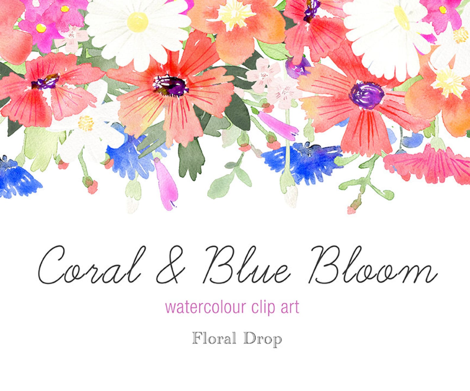 Spring Floral Watercolor Clipart - Coral and Blue Flower Clipart Set ...