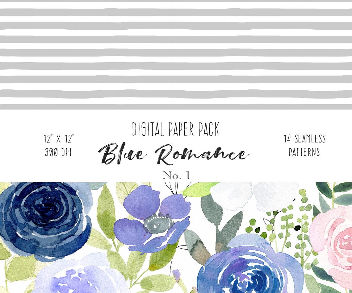 Floral Paper Digital Download Watercolour navy and blush | Etsy