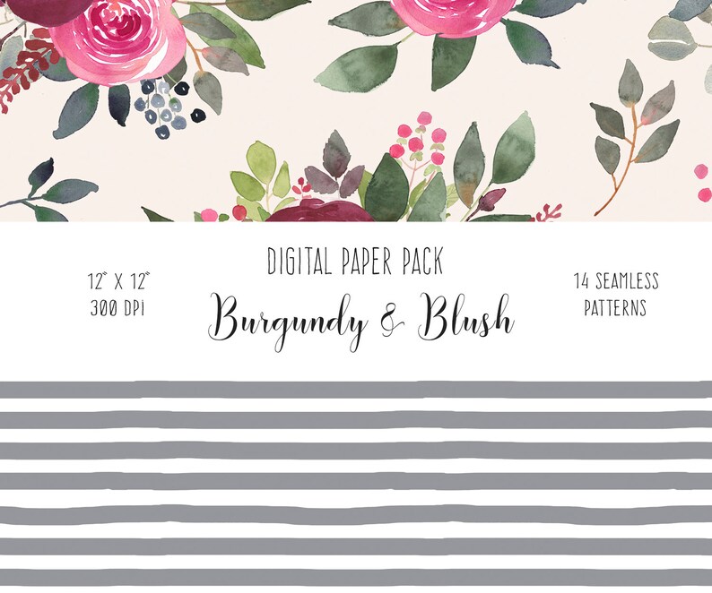 Burgundy and Blush Floral Digital Paper Watercolor Flower | Etsy UK