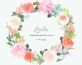 Watercolor Clip Art Floral Wreath Pink and Lilac Roses With | Etsy