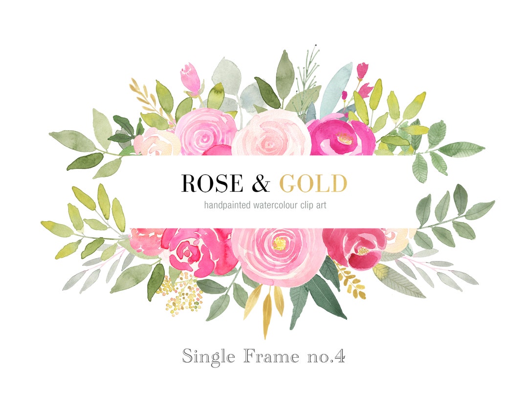 Pink Rose Floral Frame Clipart With Gold, Banner Flower Frame, Pink ...