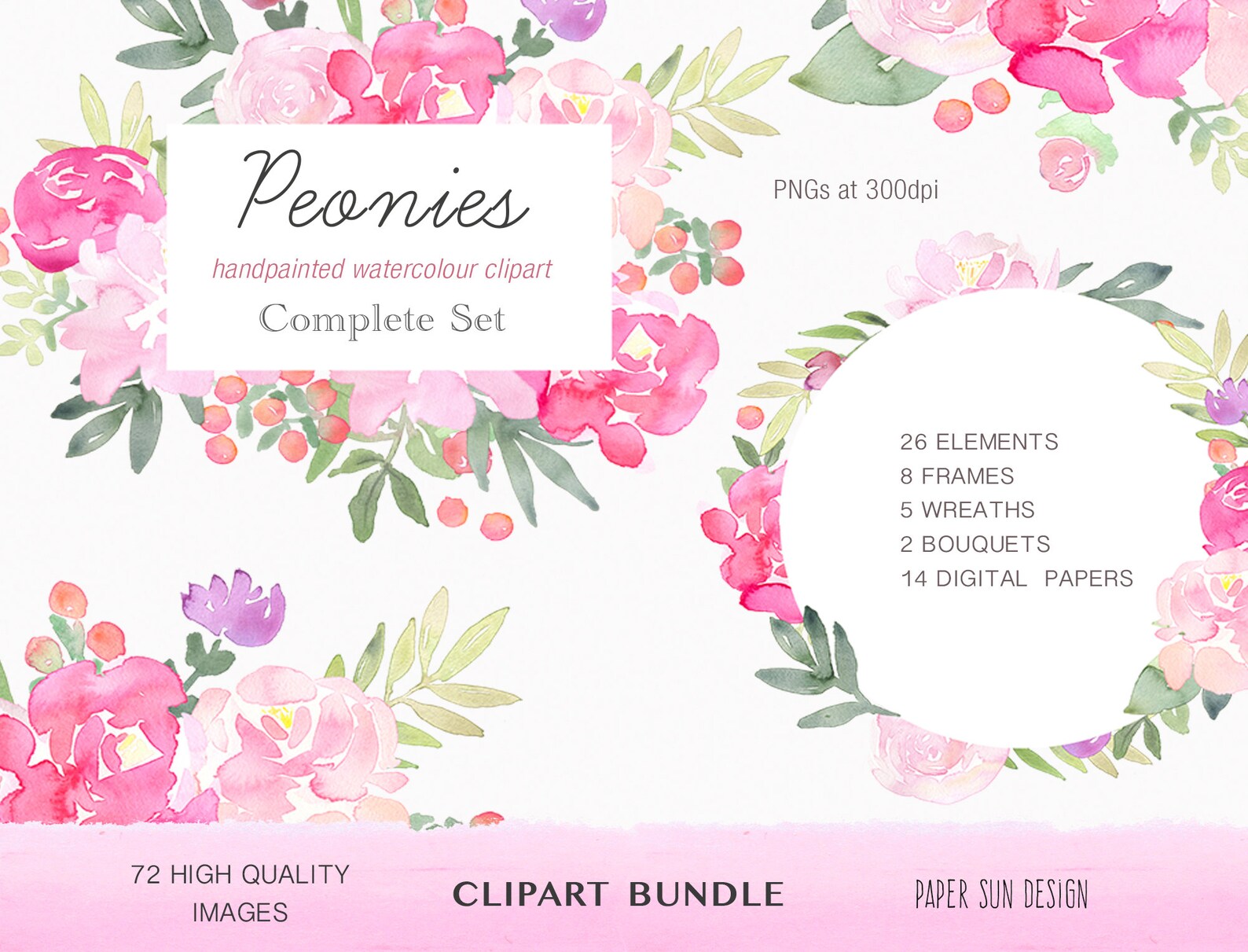 Watercolor Pink Peonies Large Clipart Bundle, Watercolour Clip Art ...