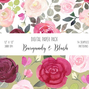 Burgundy and Blush Floral Digital Paper - Watercolor Flower ...