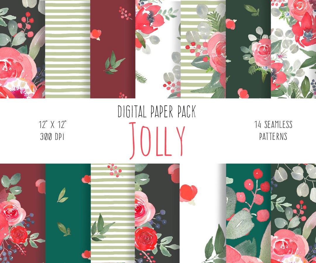 Christmas Floral Digital Paper - Watercolor Floral Christmas Background ...