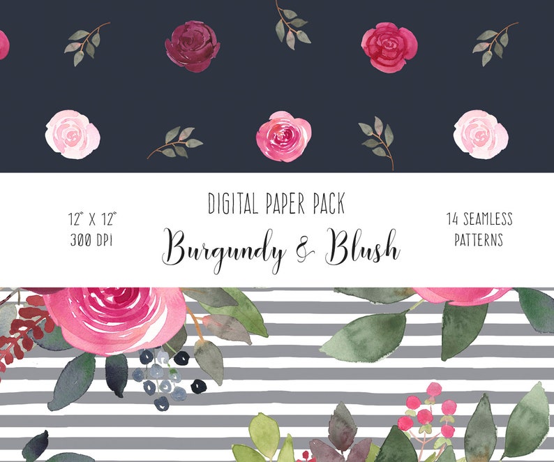 Burgundy and Blush Floral Digital Paper Watercolor Flower | Etsy UK